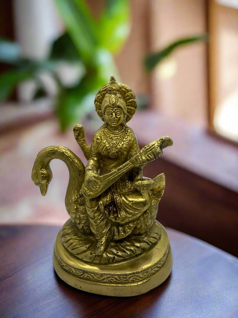 Saraswati Brass Idol on Swan – Little Divinity